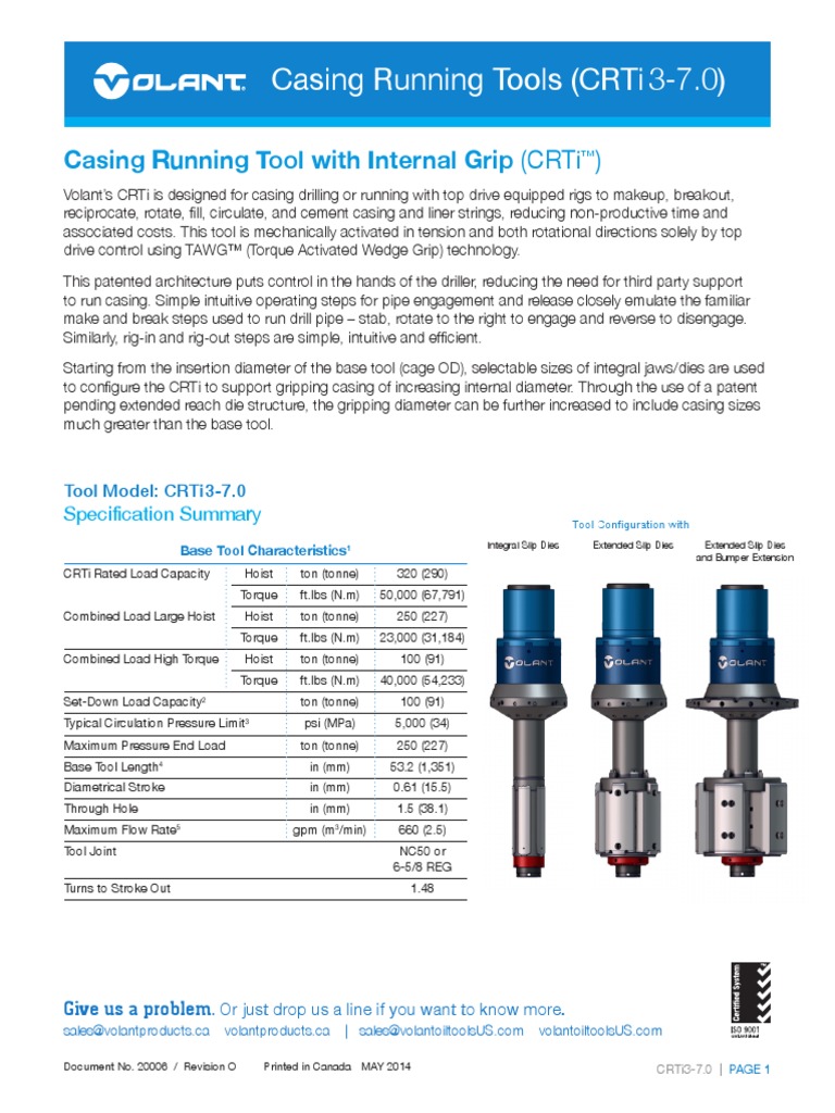 Volant Specs CRTi3-7.01 PDF | PDF | Casing (Borehole) | Torque