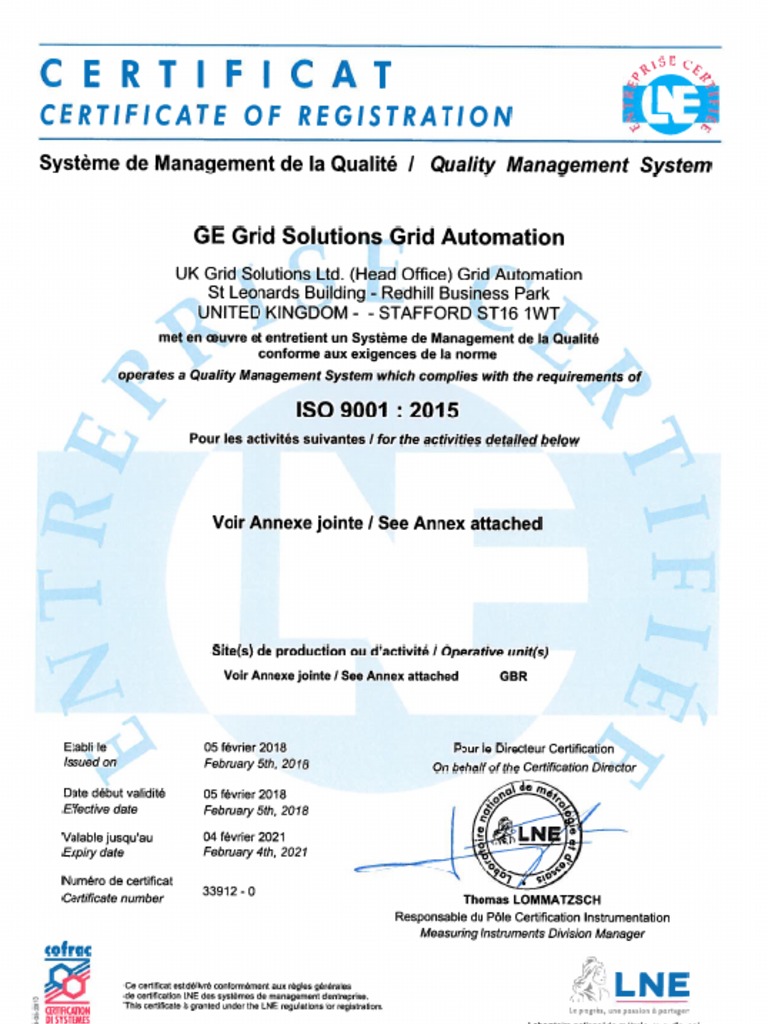 Grid Automaton LNE ISO 9001-2015 Multisite Certificate 2018-02-05 PDF | PDF
