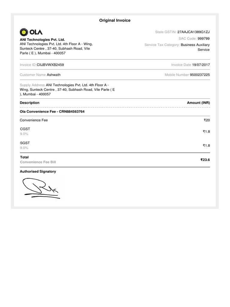 Original Invoice: ANI Technologies Pvt. LTD | PDF