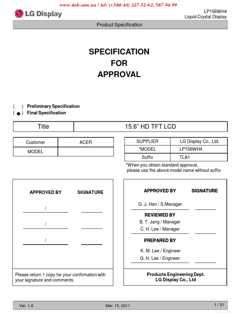 Datasheet LP156WH4-TLA1-LG PDF | PDF | Thin Film Transistor Liquid ...