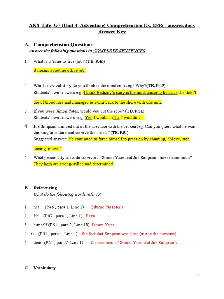 ANS - Life - G7 (Unit 4 - Adventure) Comprehension Ex. 1516 - Answer ...