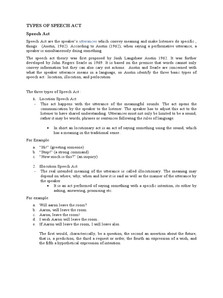 Types of Speech Act Speech Act: Utterances | PDF | Semiotics | Human Communication
