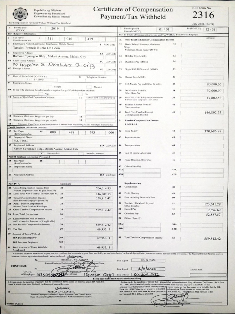 Form 2316: Certificate of Compensation Payment and Tax Withheld for ...