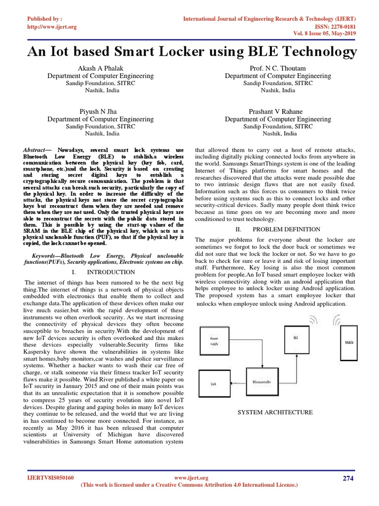 An Iot Based Smart Locker Using Ble Technology Ijertv8is050160 Pdf