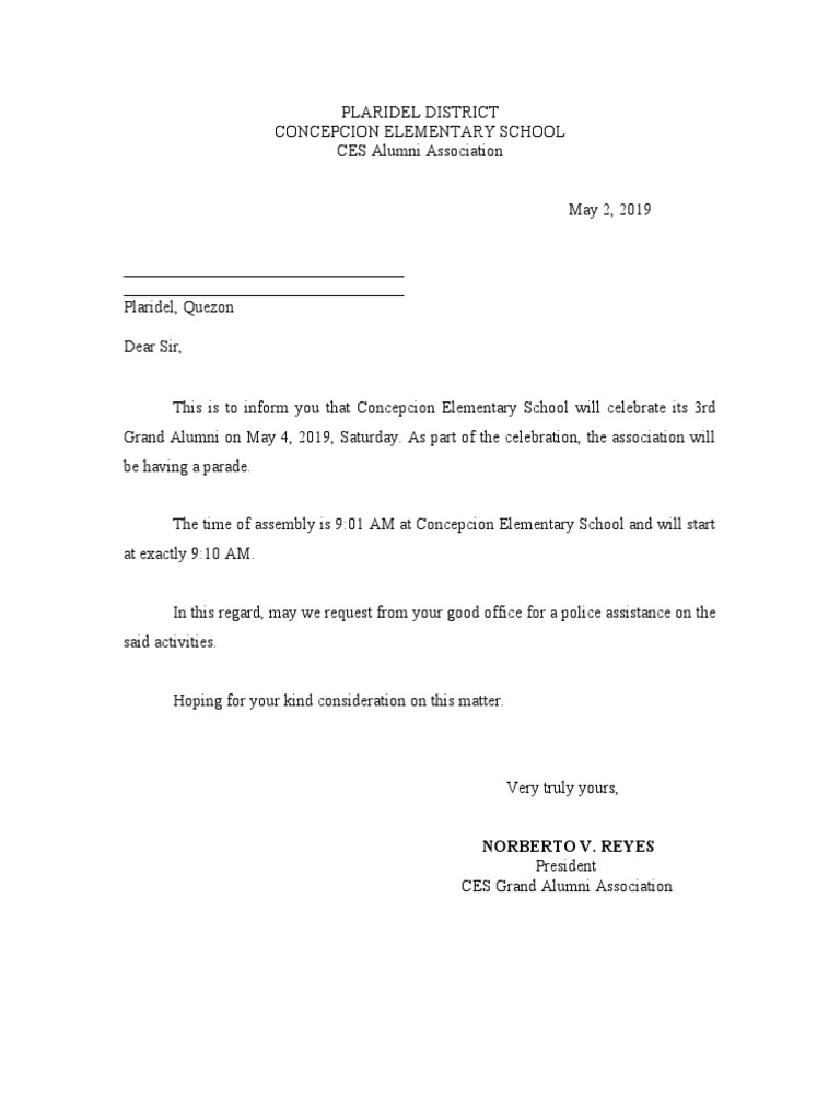 Letter Request For Police Assistance For Alumni Parade | PDF | Sports ...