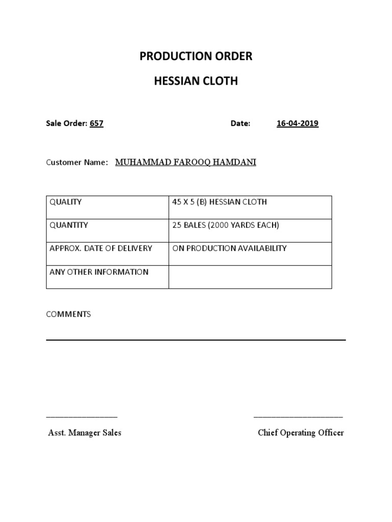 Production Order | PDF | Jute | Textiles
