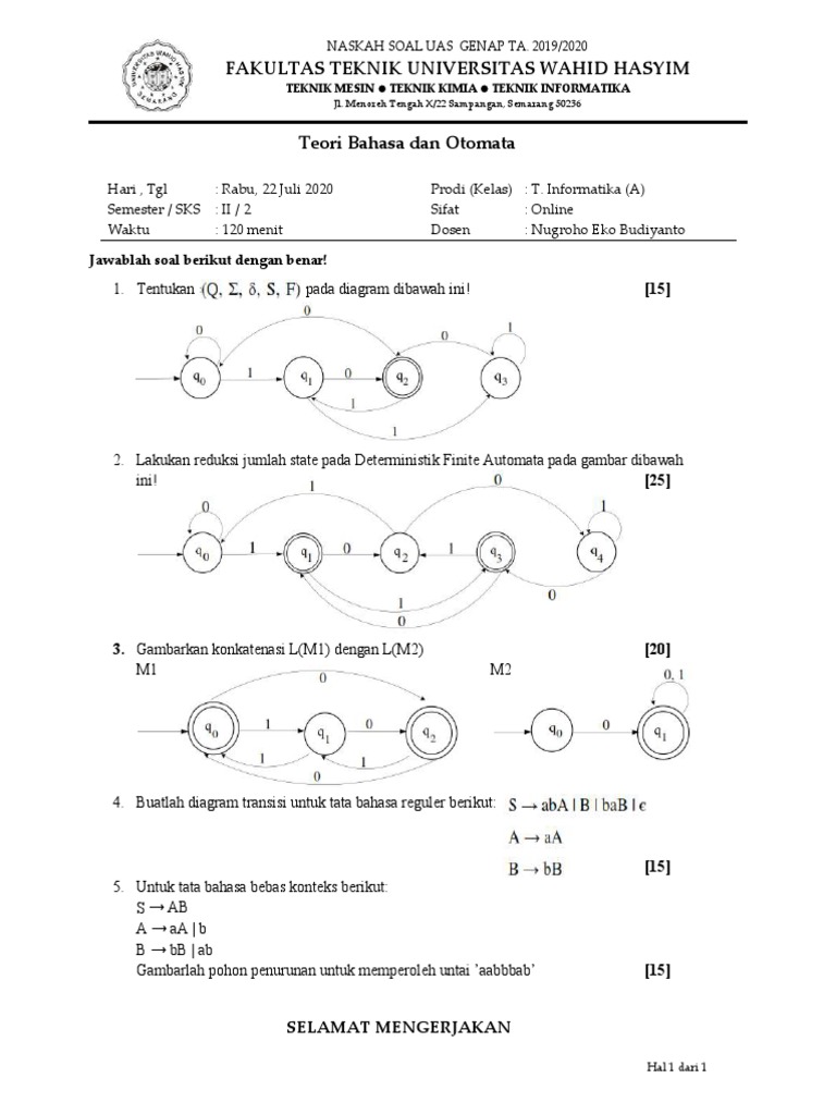 Soal UAS Teori Bahasa Dan Otomata - Kelas A Tahun 2020 | PDF