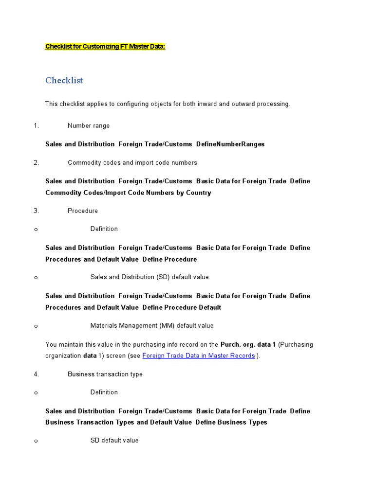 FT Master Data Customization Checklist | PDF | Sales | Customs