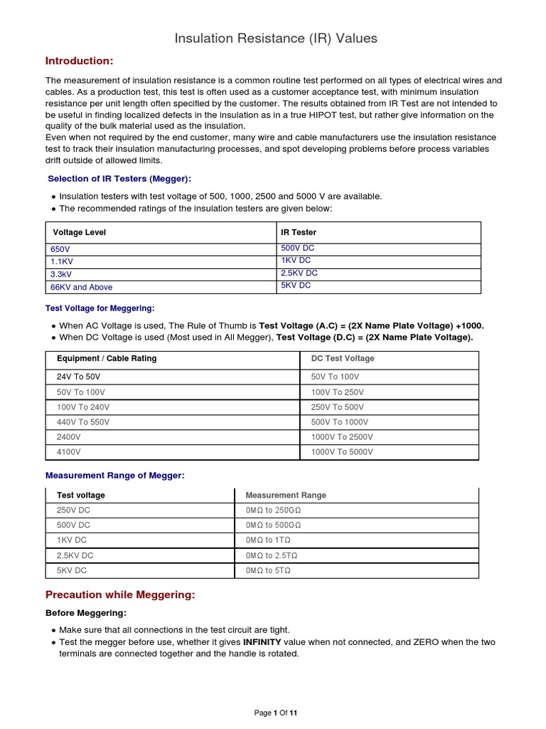 IR Insulation Resistance Values | PDF | Transformer | Insulator ...