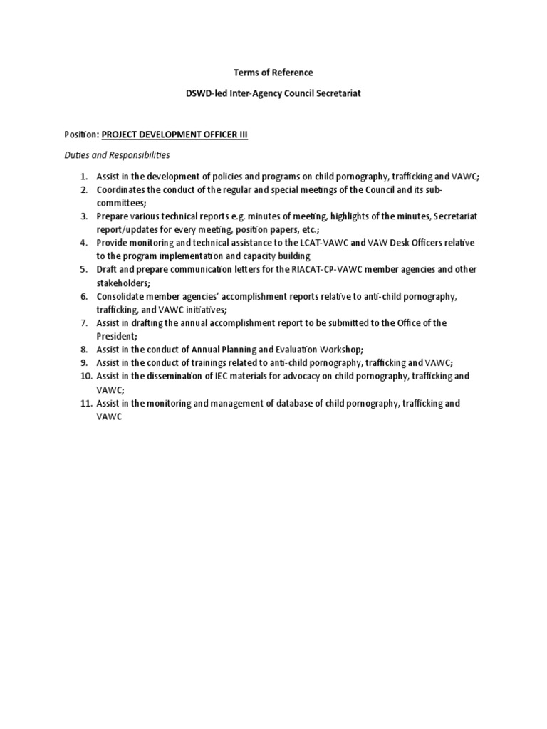 Duties and Responsibilities: Terms of Reference DSWD-led Inter-Agency ...