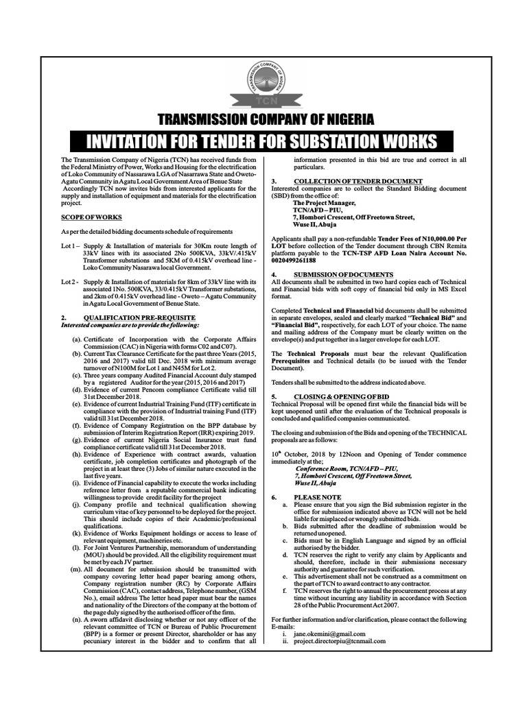 TCN Tender Advert For Afd Piu | Download Free PDF | Government | Business
