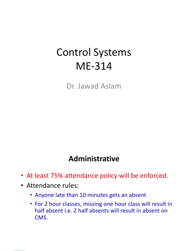 ME-314 Control Systems Syllabus | PDF | Control Theory | Control System