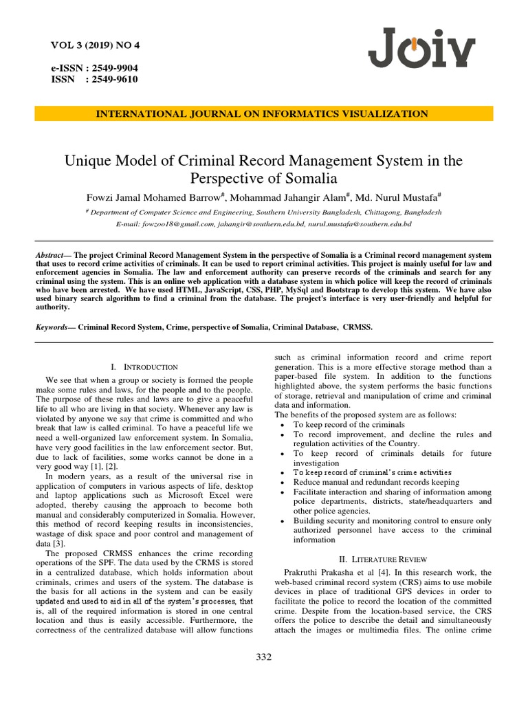 Unique Model of Criminal Record Management System in The Perspective of Somalia | PDF ...