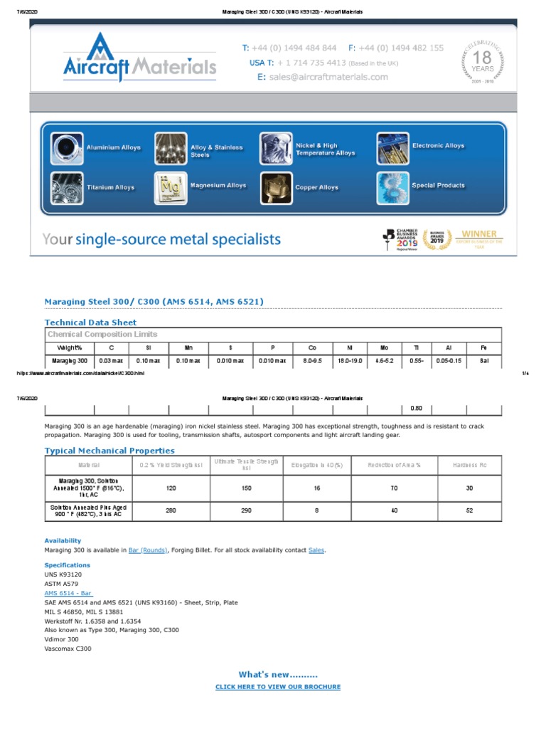 Maraging Steel 300 - C300 (UNS K93120) - Aircraft Materials | PDF ...