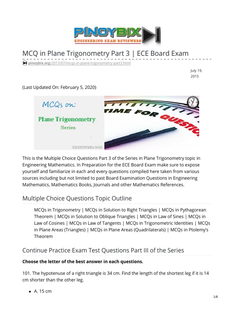 Trigonometry MCQs for ECE Exam Prep | PDF | Triangle | Trigonometric ...