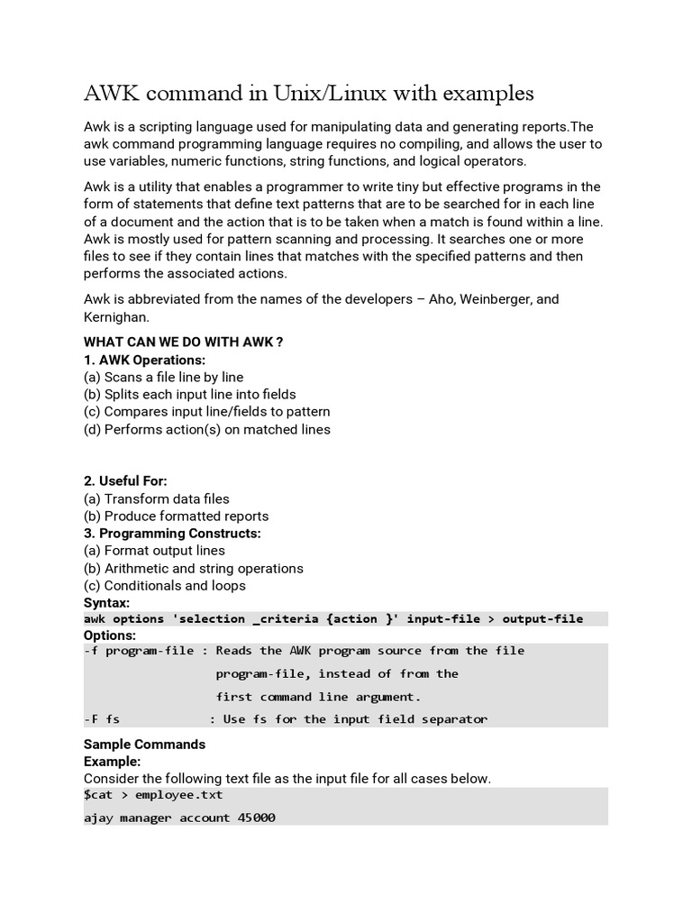 AWK Command in Unix | PDF | Computer Data | Notation