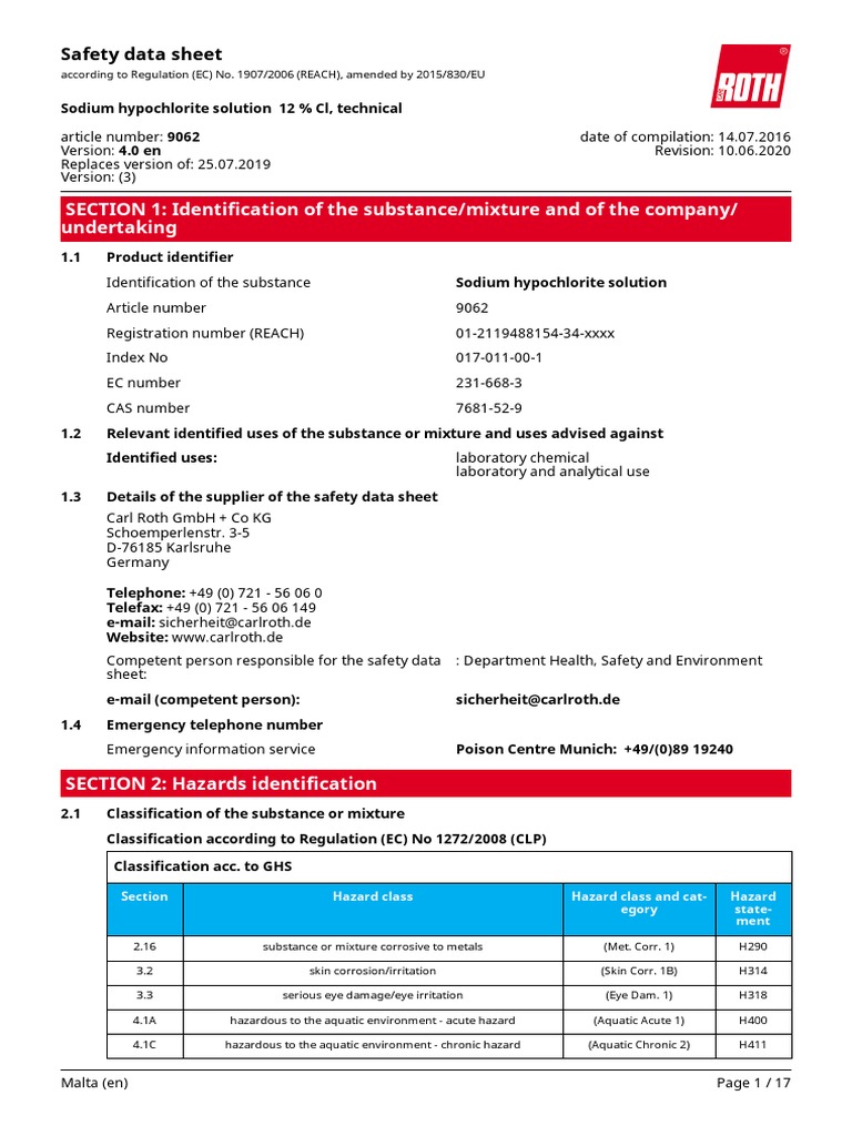 Sodium Hypochlorite Safety Data Sheet | PDF | Dangerous Goods | Toxicity