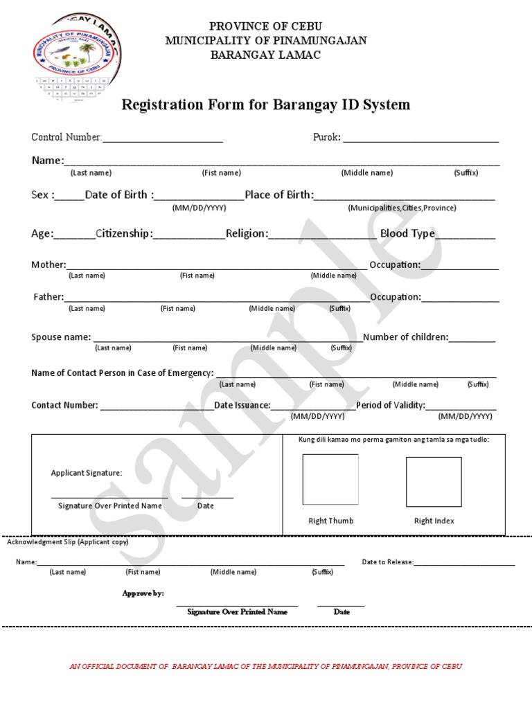 Registration Form for Barangay ID System of Barangay Lamac, Pinamungajan, Cebu | PDF | Access ...