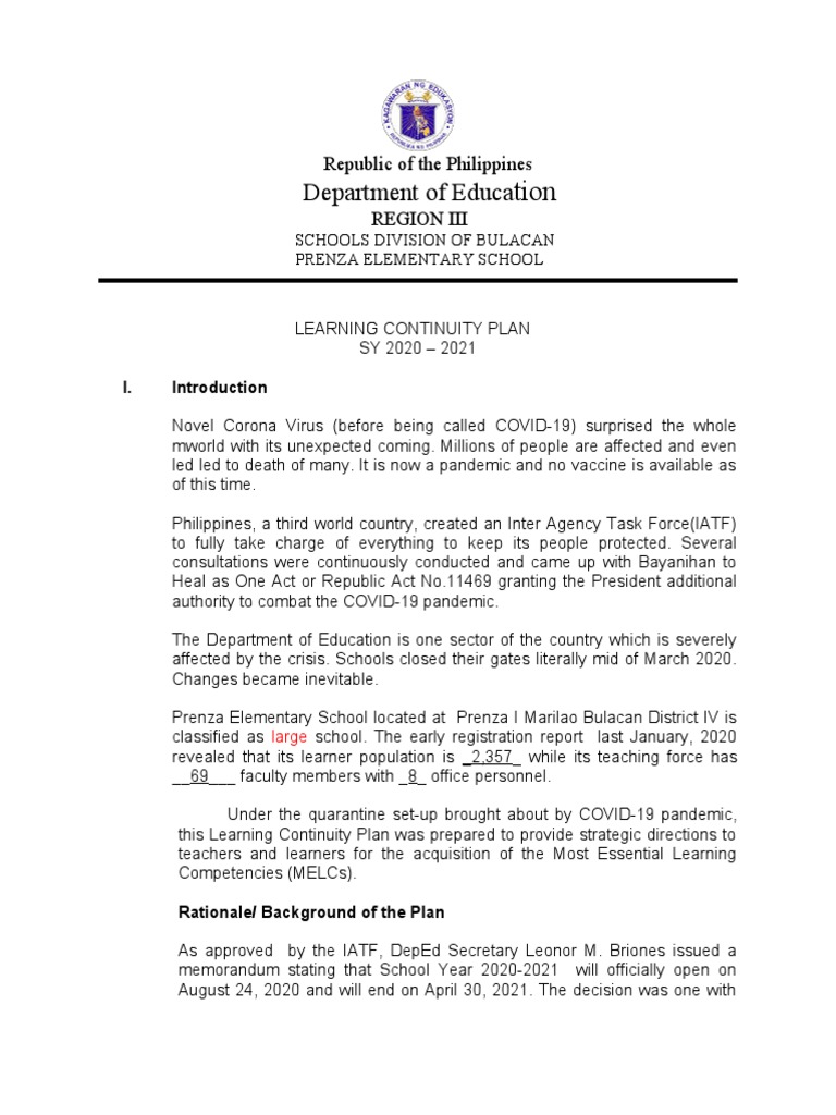 DepEd Prenza Elementary School Learning Continuity Plan | PDF | Educational Technology | Teachers