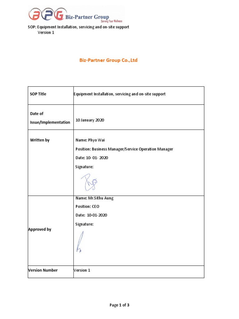 Equipment Installation, Servicing, On-Site Support SOP | PDF ...