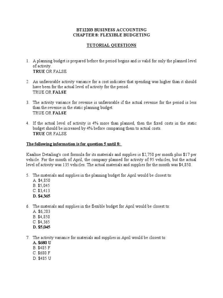 Tutorial Chapter 8 | PDF | Budget | Business