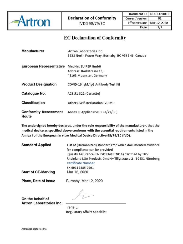 Declaration of Conformity for the COVID-19 IgM/IgG Antibody Test Kit ...