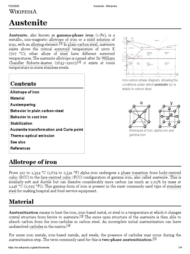 Austenite: Iron-carbon phase diagram, showing the conditions under ...