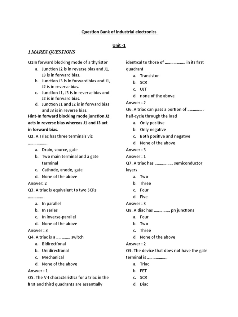 1 Marks Questions: Question Bank of Industrial Electronics Unit - 1 | PDF | Rectifier | Power ...
