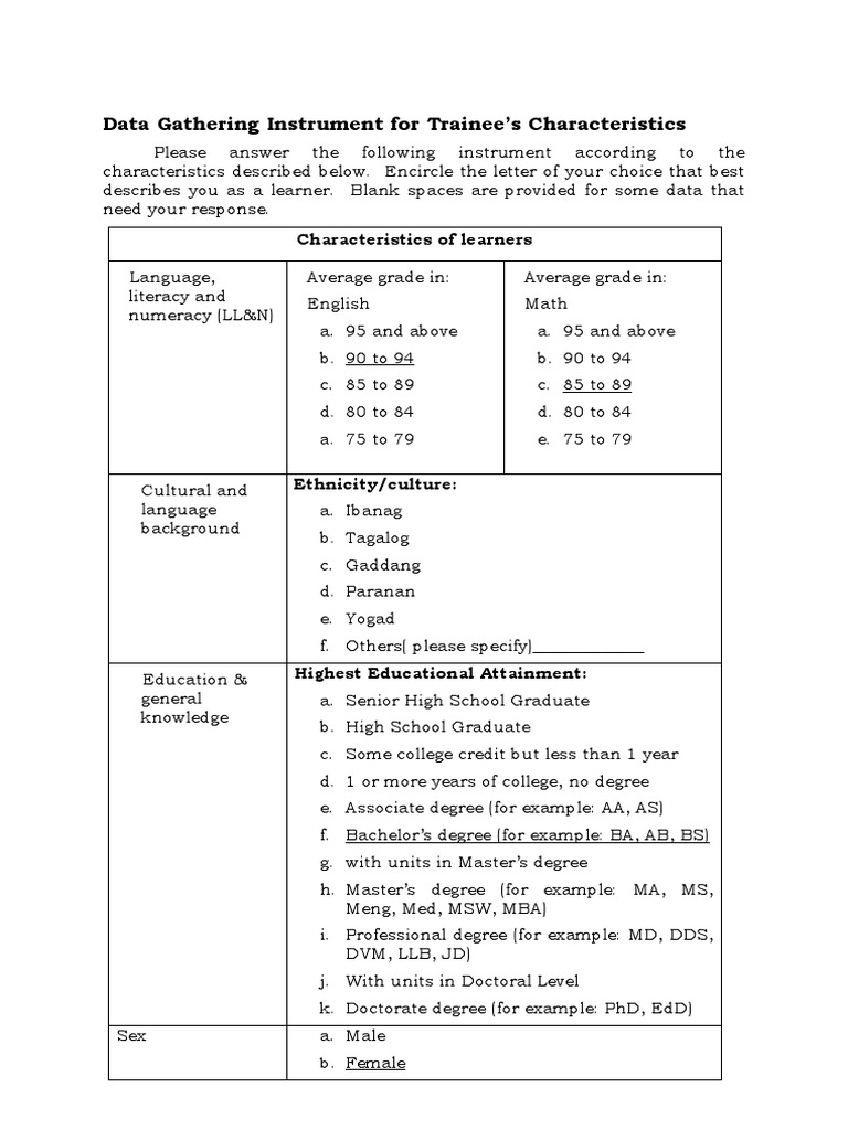 Data Gathering Instrument For Trainee | PDF | Occupational Safety And ...