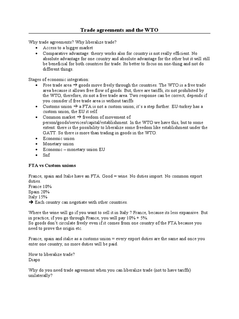 Trade Agreements and The WTO: FTA Vs Custom Unions | PDF | Most ...