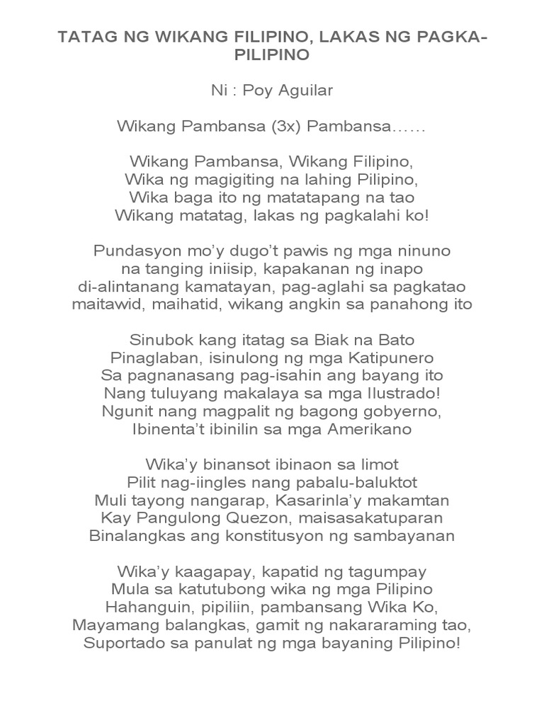 TATAG NG WIKANG FILIPINO - Tula | PDF
