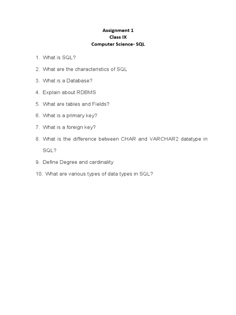Assignment 1 Class IX Computer Science-SQL | PDF