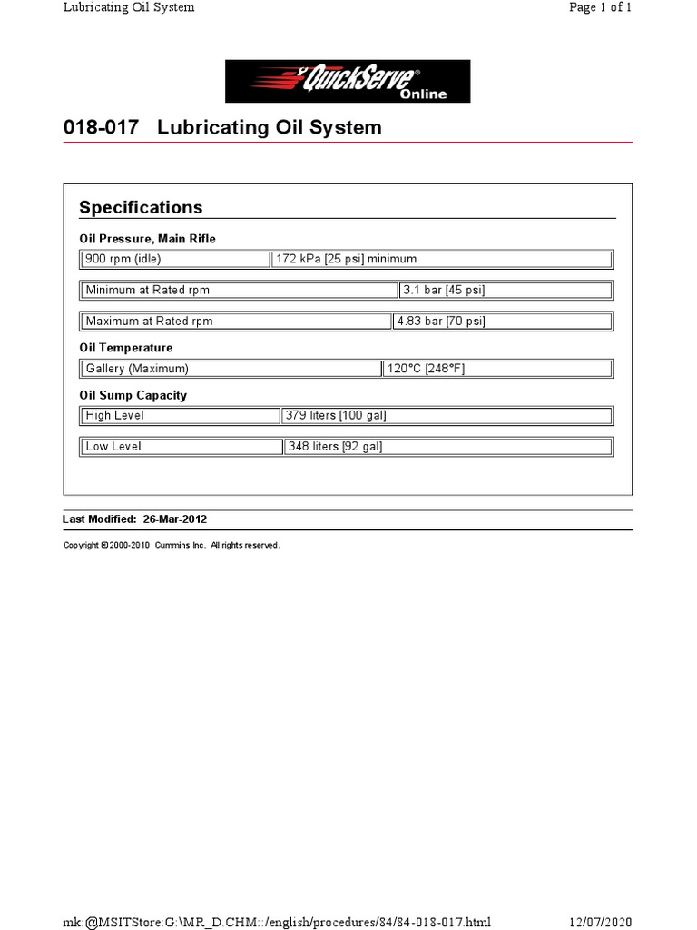 018-017 Lubricating Oil System: Specifications | PDF