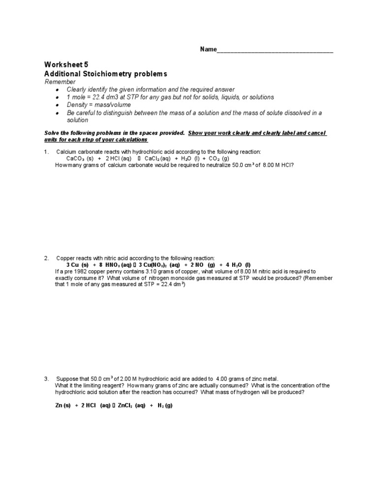 Worksheet 5 Additional Stoichiometry Problems | PDF | Hydrochloric Acid ...