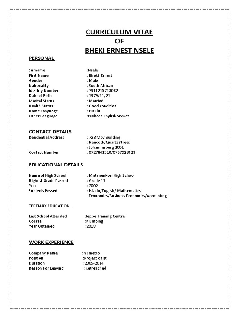 Curriculum Vitae OF Bheki Ernest Nsele: Personal | PDF