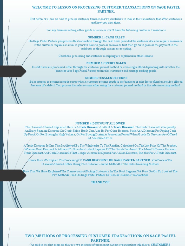 Welcome To Lesson On Processing Customer Transactions On Sage Pastel ...
