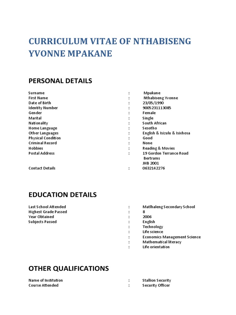 Nthabiseng Mpakane's CV Summary | PDF