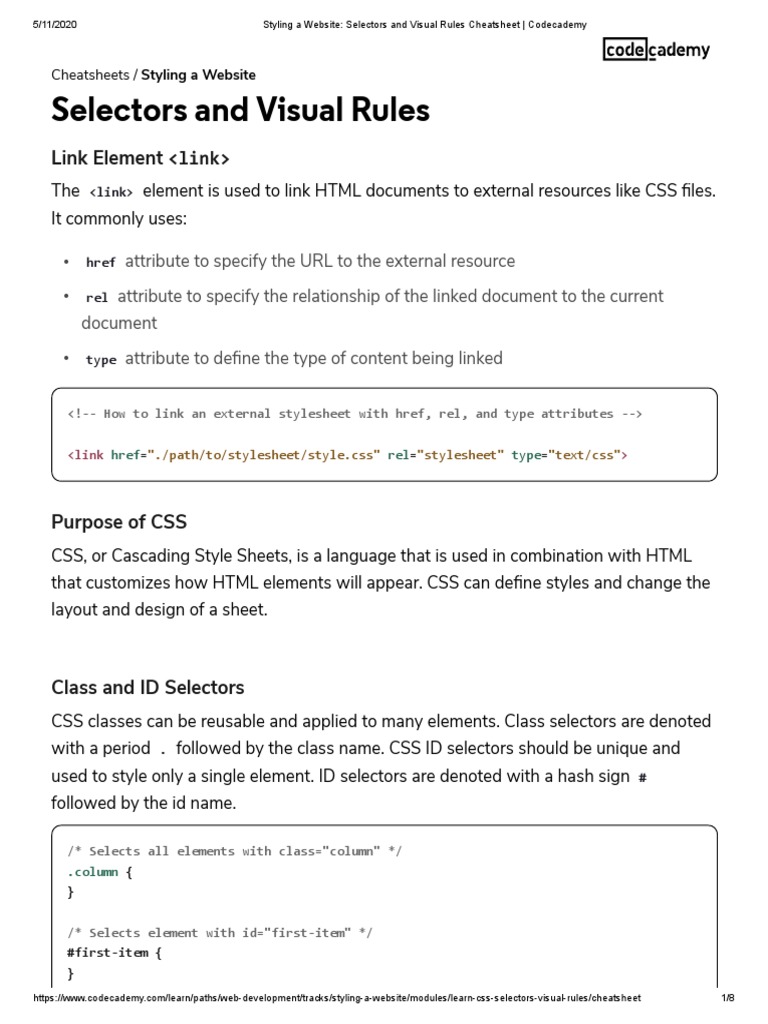 Styling A Website - Selectors and Visual Rules Cheatsheet - Codecademy ...