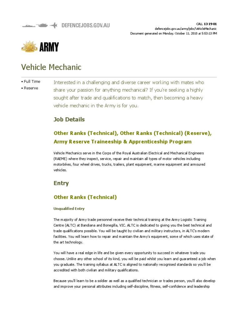 Vehicle Mechanic: Job Details | PDF | Recruit Training | Apprenticeship