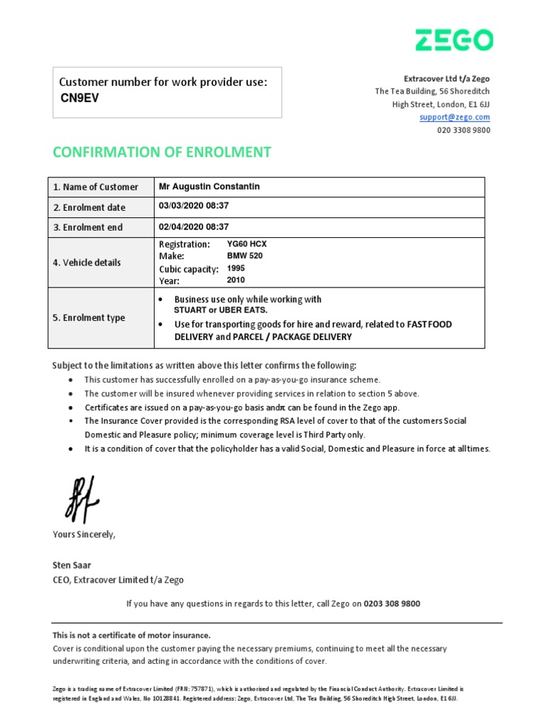 Zego Fast Food Delivery Insurance Confirmation | PDF | Vehicle ...