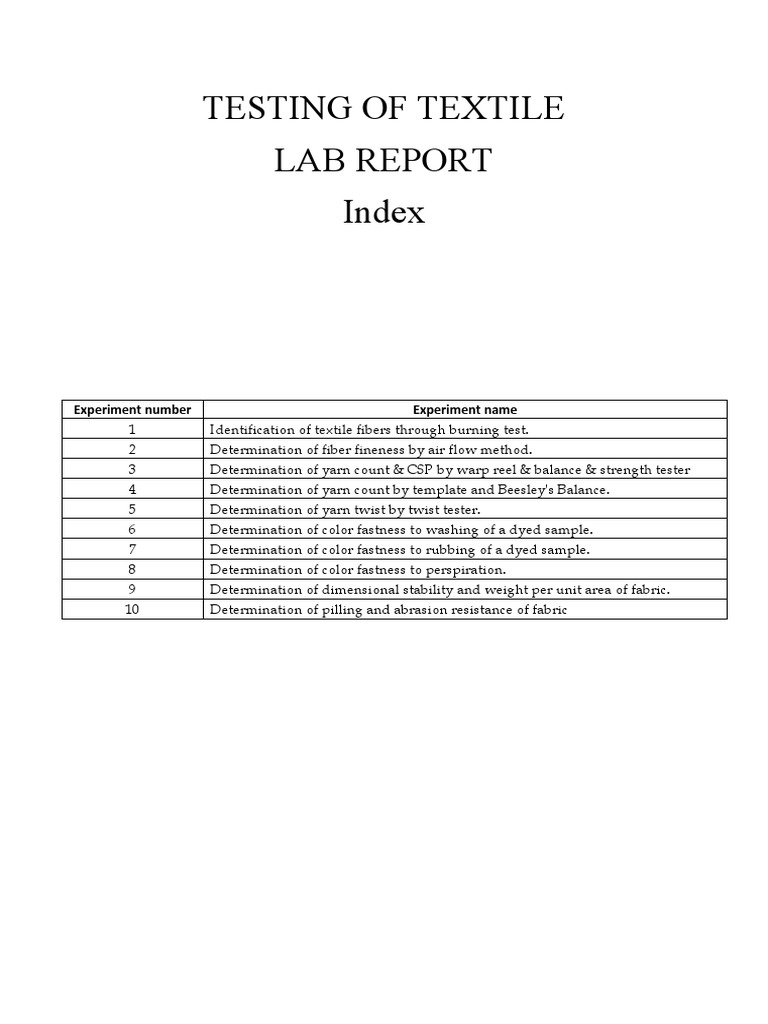 Testing of Textile Lab Report Index: Experiment Number Experiment Name ...
