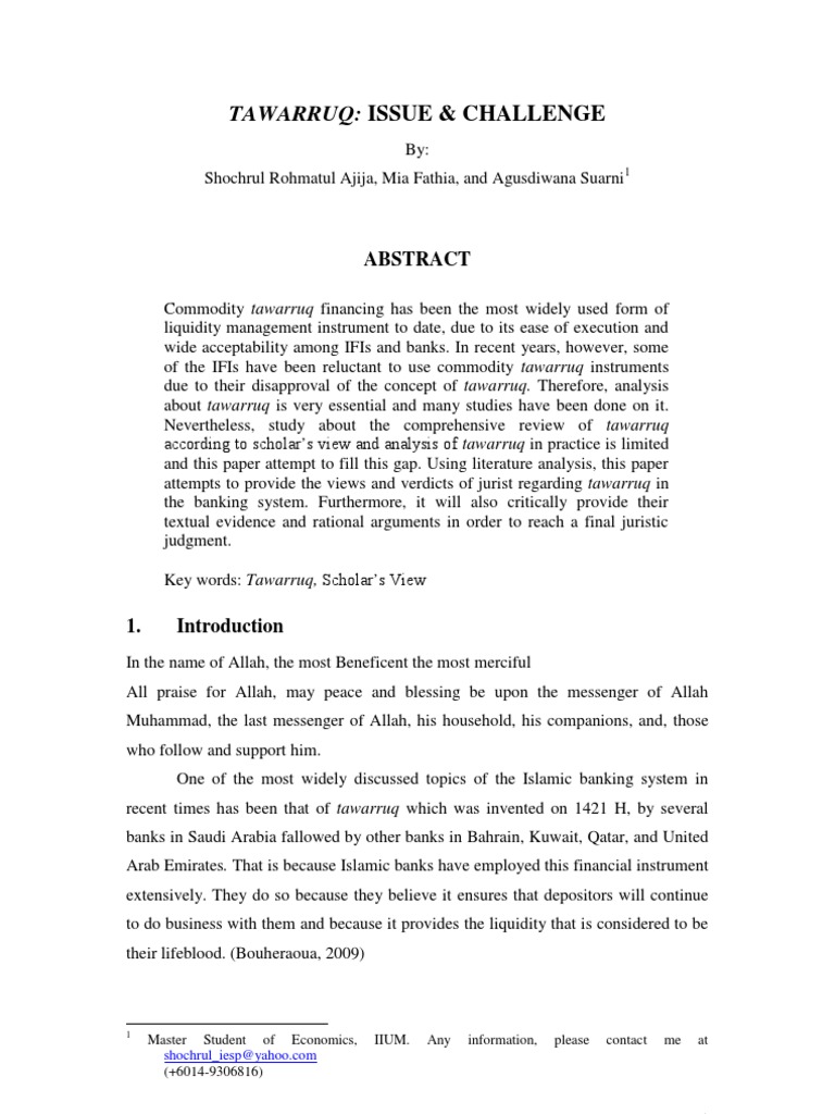 Tawarruq: Juristic Views & Analysis | PDF | Islamic Banking And Finance ...