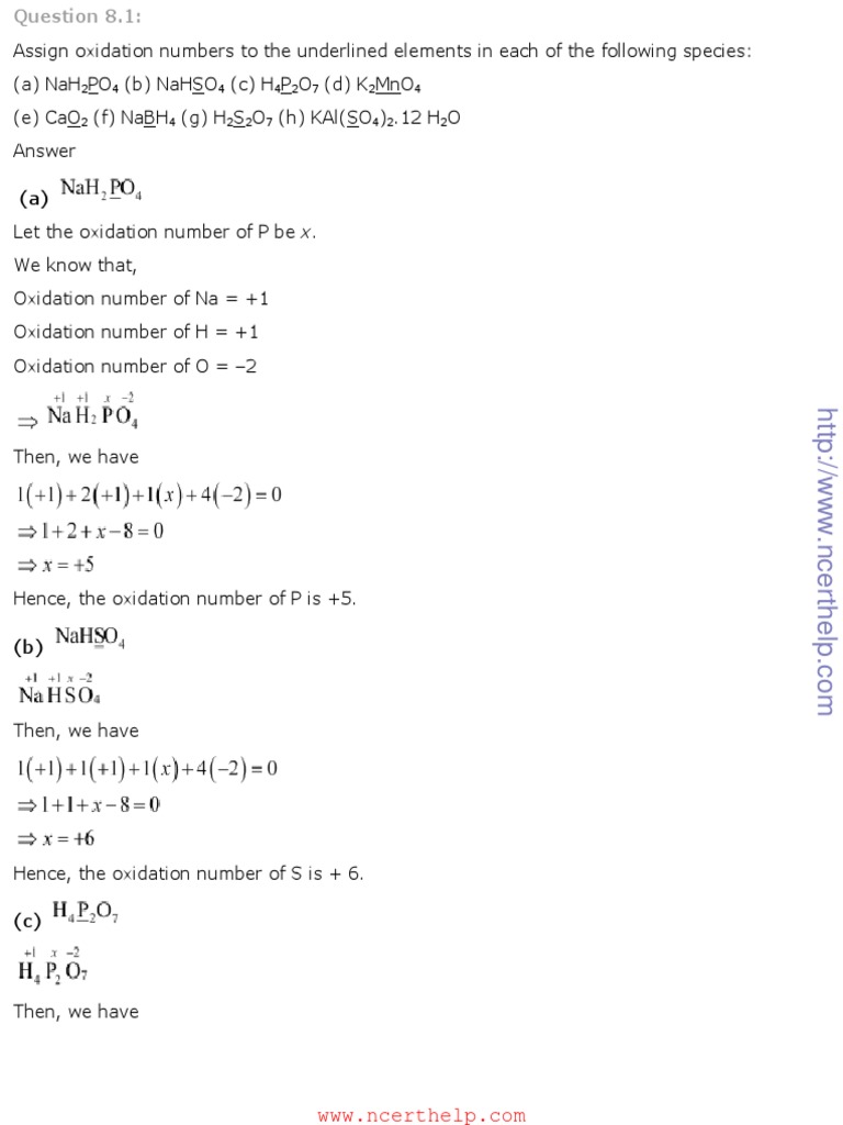 Ncert Solutions For Class 11 Chemistry Chapter 8 Redox-Reactions | PDF ...
