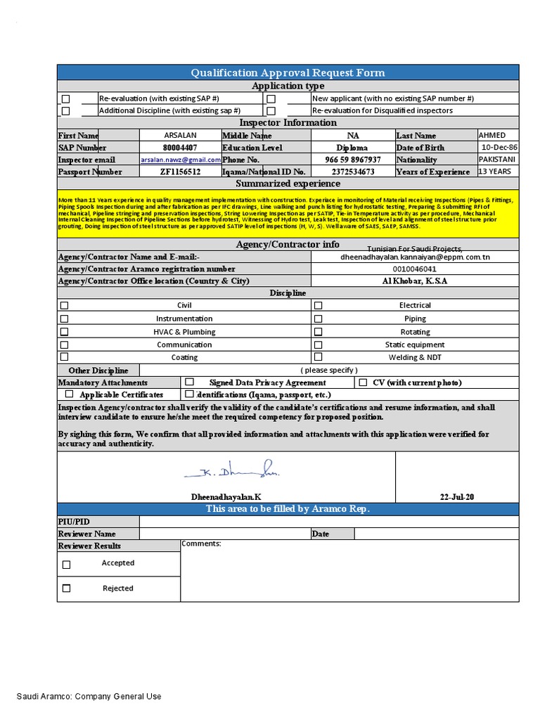 Qualification Approval Request Form For Project Inspector | PDF | Pipe ...