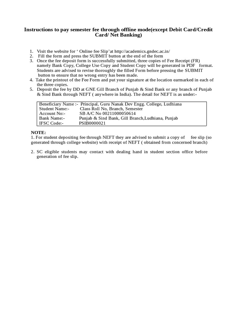Instructions To Pay Semester Fee Through Offline Mode (Except Debit ...
