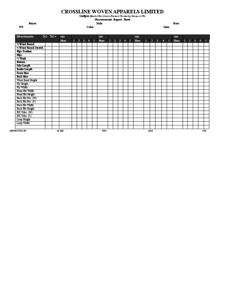 Crossline Woven Apparels Limited: Measurement Report Sheet Buyer: Style ...