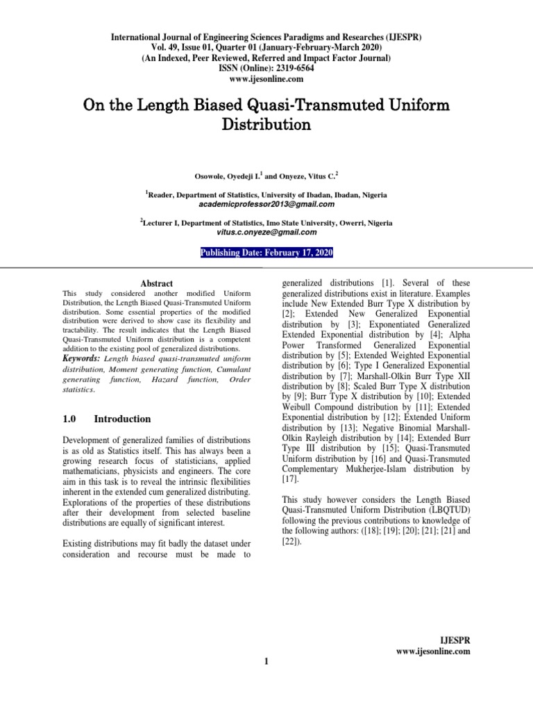 On The Length Biased Quasi-Transmuted Uniform Distribution | PDF ...