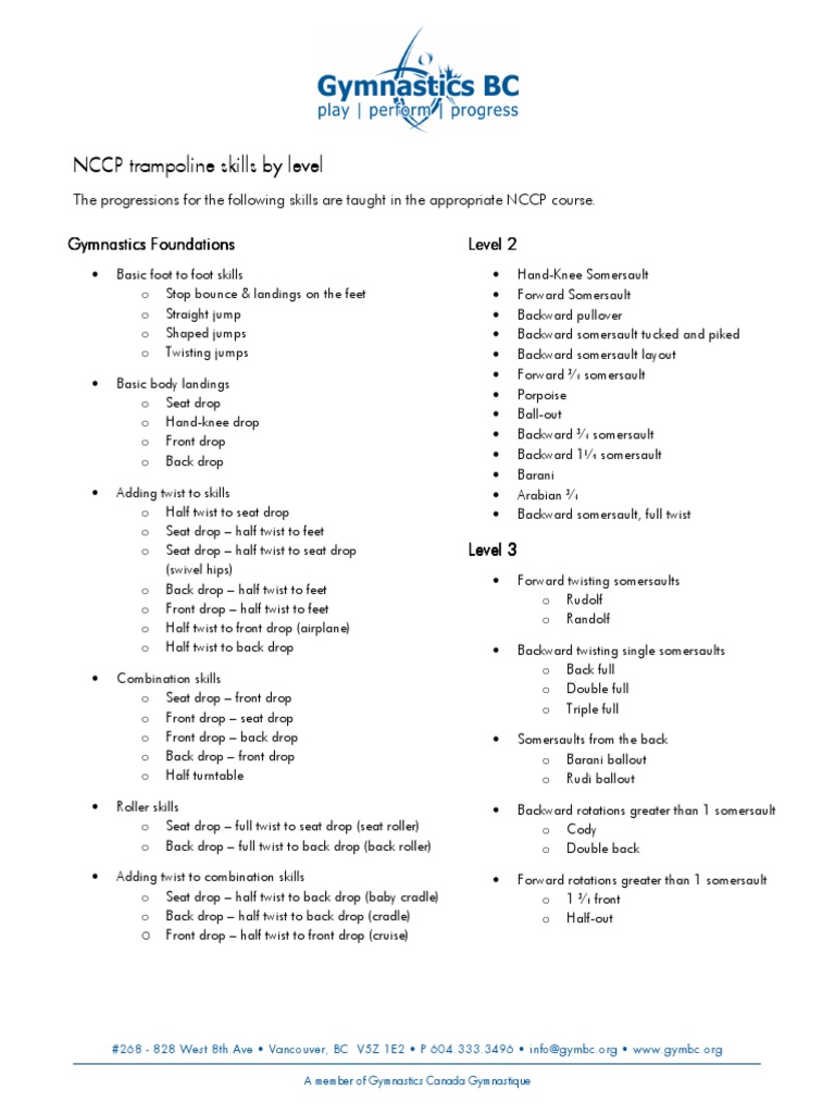 NCCP Trampoline Skills by Level PDF | PDF | Summer Sports | Olympic Sports