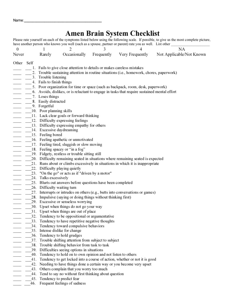 Amen Brain System Checklist | Download Free PDF | Panic Attack | Anxiety