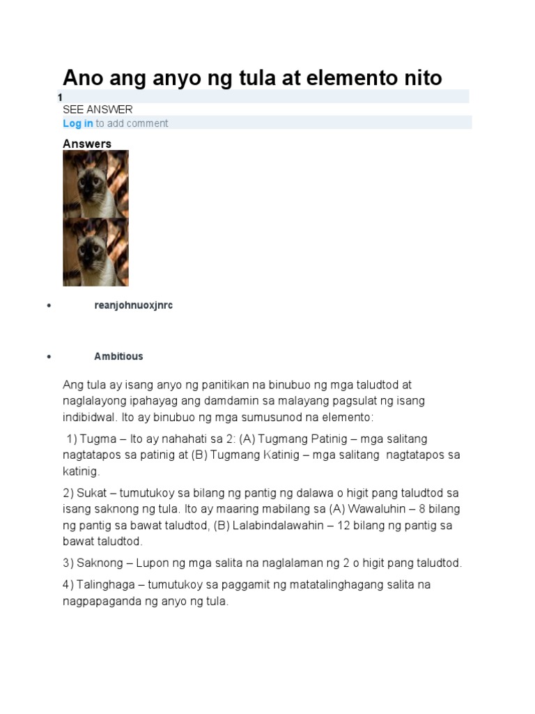 Ano Ang Anyo NG Tula at Elemento Nito: Answers | PDF